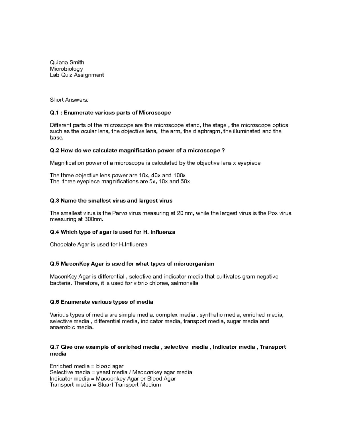 Quiana Smith - Lab Quiz Assignment 1 - Quiana Smith Microbiology Lab ...