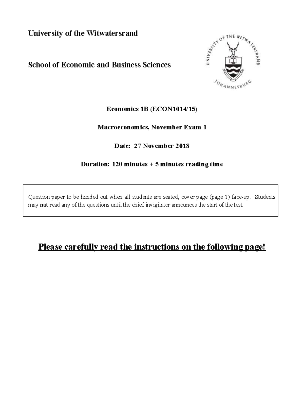 ECON1014-1015 SEM 2 2018 Question Paper - University of the ...