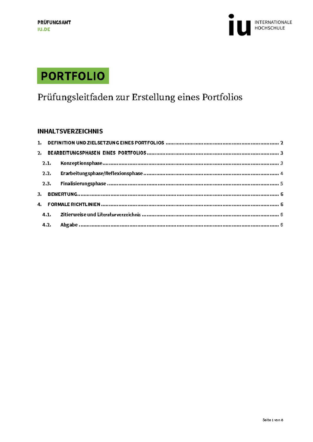 Prüfungsleitfaden Portfolio - IU PORTFOLIO Pr ̧fungsleitfaden zur Erstellung eines Portfolios ...