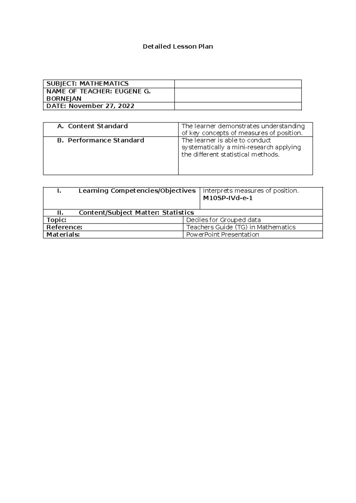 Lesson Plan 1 in math - Detailed Lesson Plan SUBJECT: MATHEMATICS NAME ...