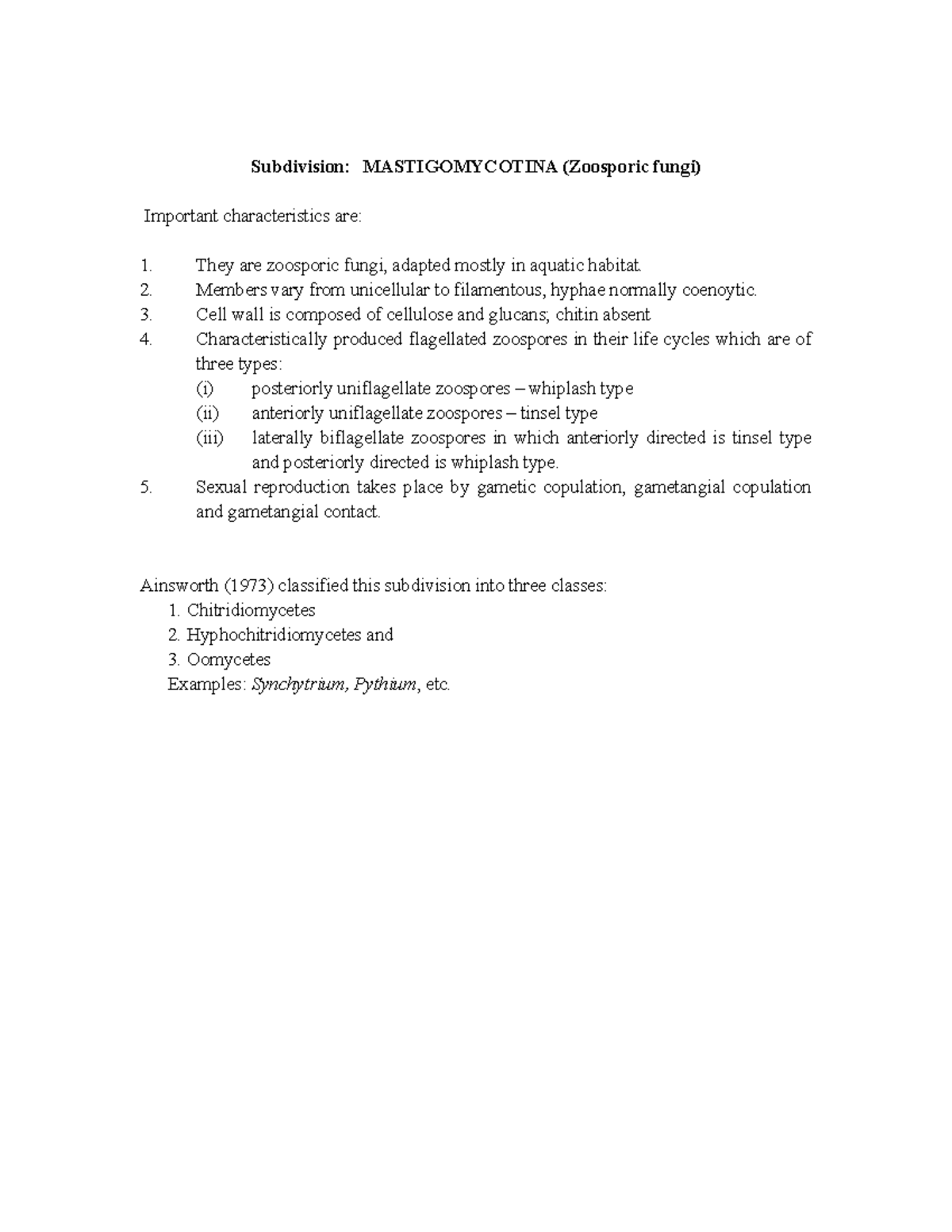 Main characteristics of subdivisions - Subdivision: MASTIGOMYCOTINA ...