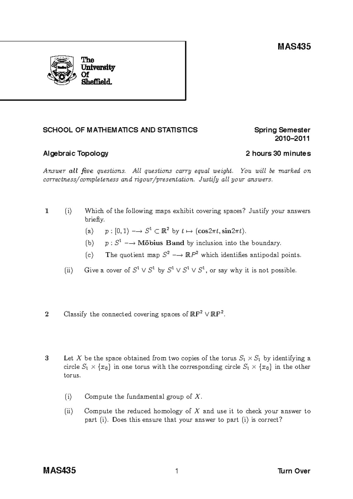 Exam 2011-2015, questions - SCHOOL OF MATHEMATICS AND STATISTICS Spring ...