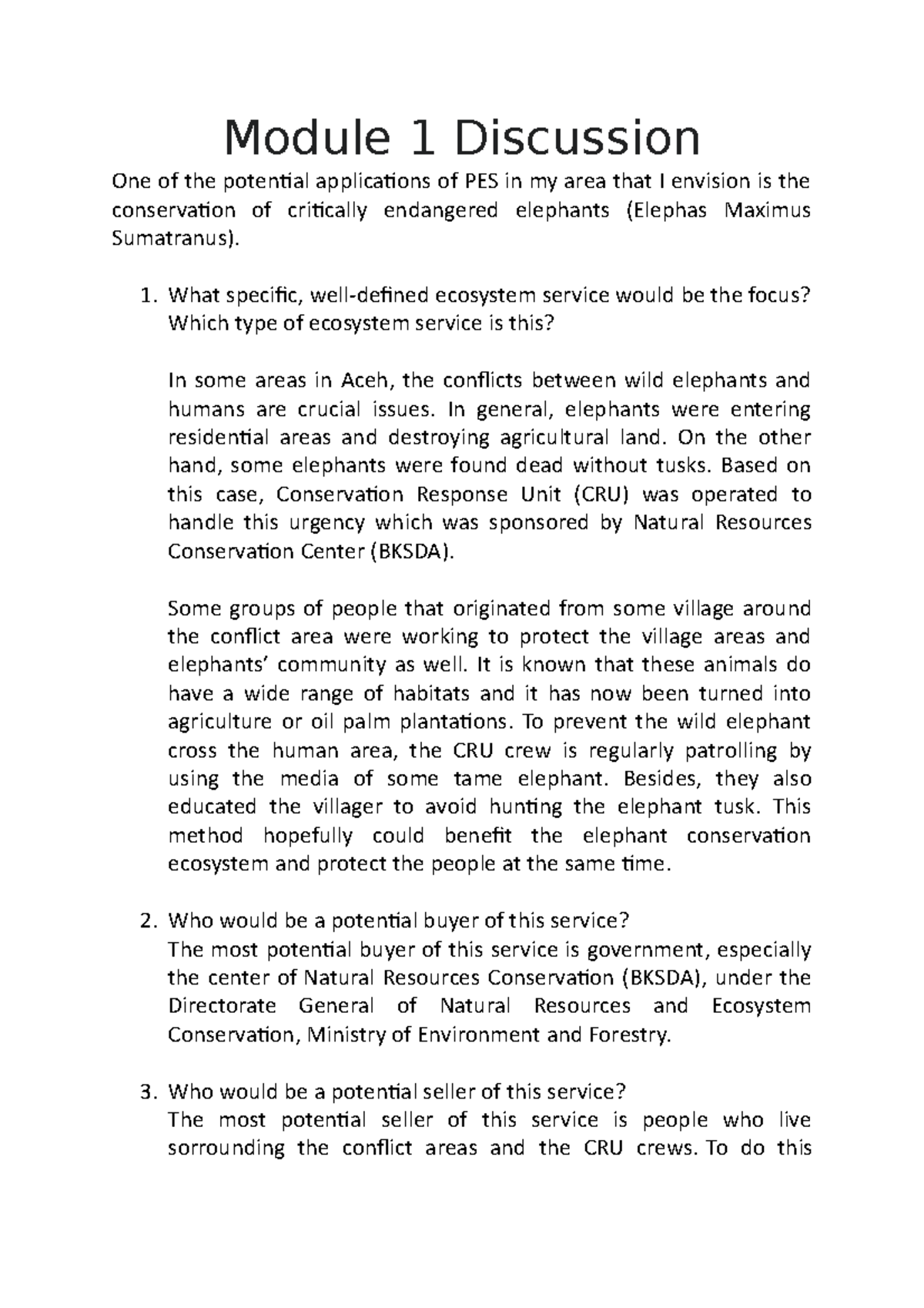 Module 1 Discussion - ecosystem service (PES) - Module 1 Discussion One of the potential - Studocu