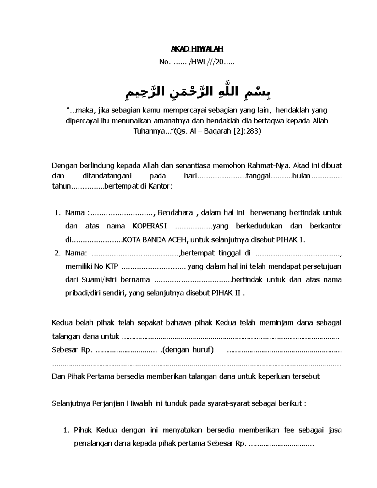 Akad Hiwalah untuk Contoh - AKAD HIWALAH No. ...... /HWL///20 ...