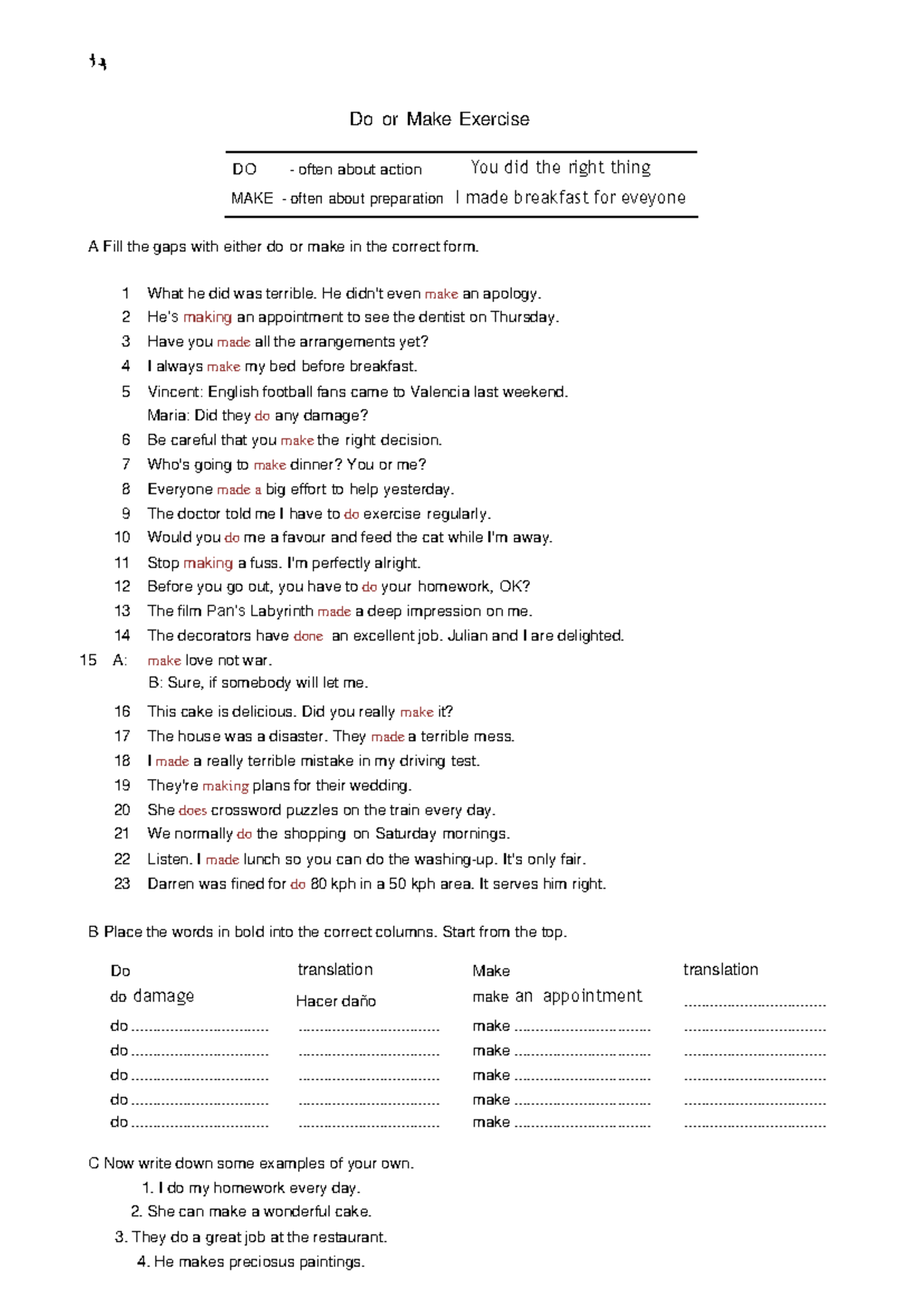 Do vs make - Taller - Do or Make Exercise DO - often about action You ...