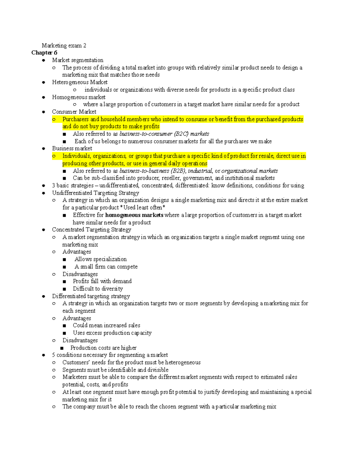 MKTG 350 Exam 2 Review of Study Guide - Marketing exam 2 Chapter 6 Market segmentation The ...