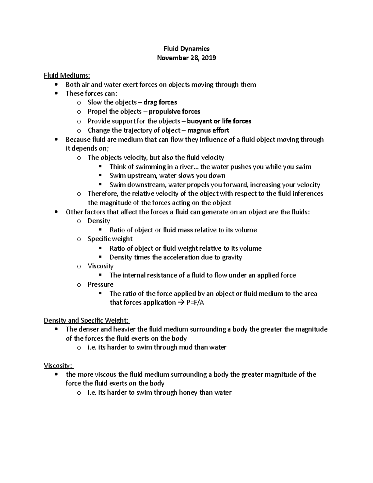 Fluid Dynamics - notes for biomechanics with examples of formulas and ...
