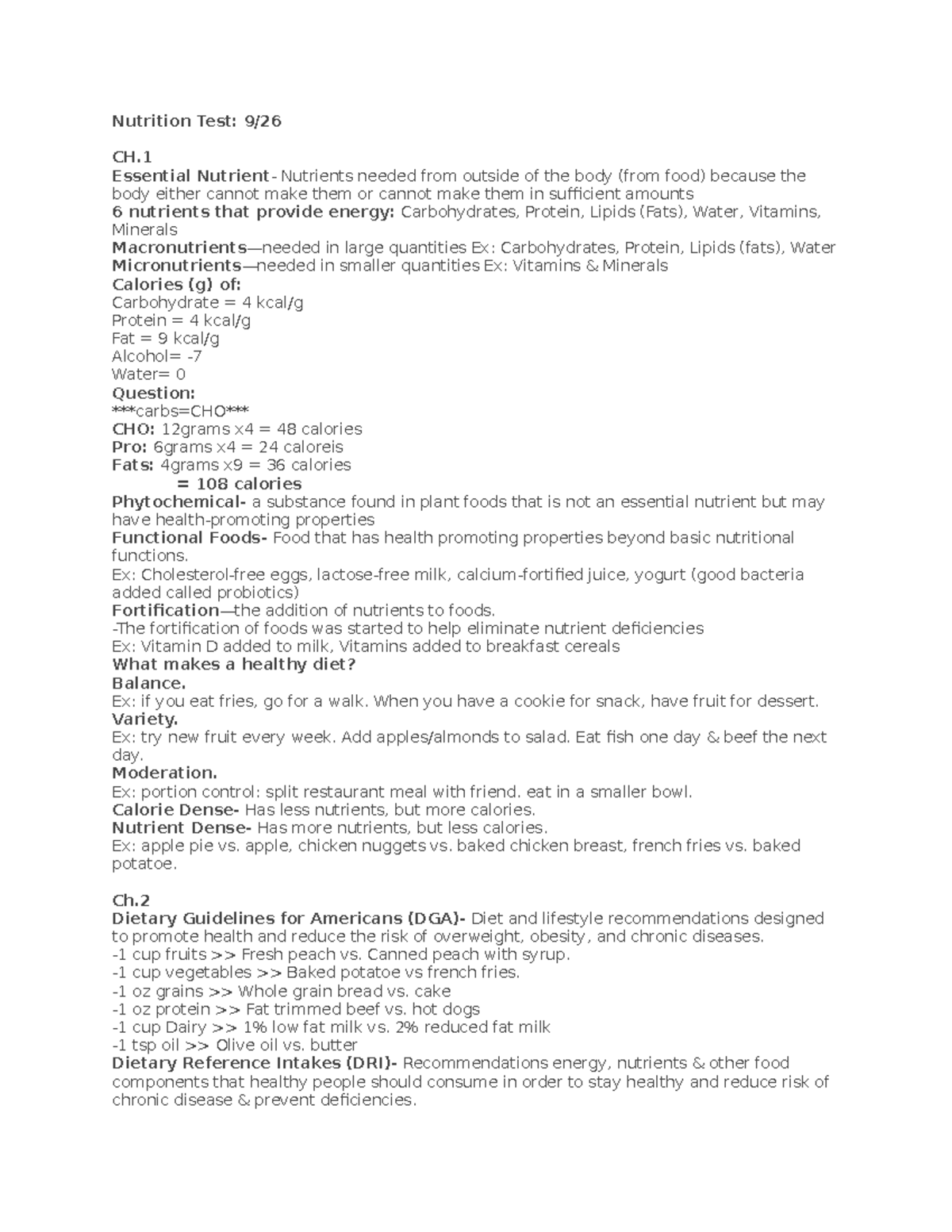 Ch123 - Lecture notes 1-5 - Nutrition Test: 9/26 CH Essential Nutrient ...