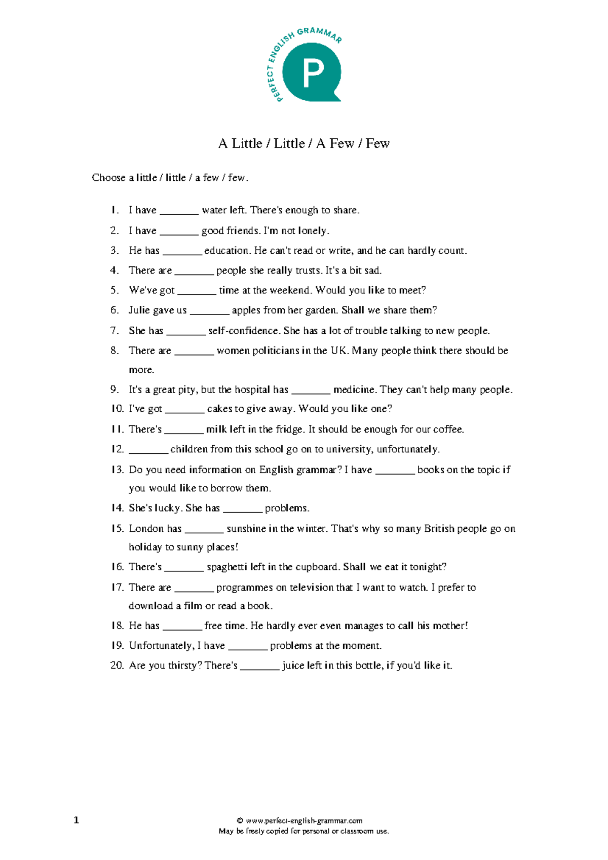 Few a few little a little exercise 1 - 1 © perfect-english-grammar May ...