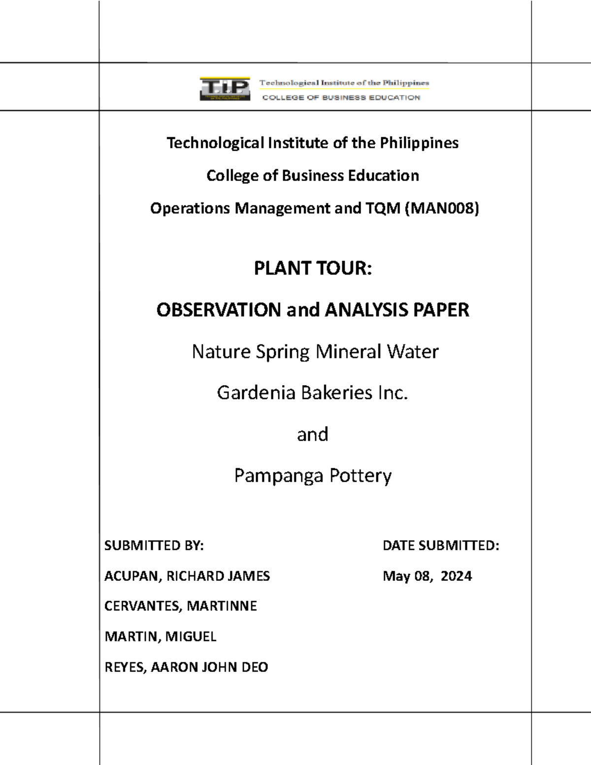 Plant TOUR Paper - Technological Institute of the Philippines College ...