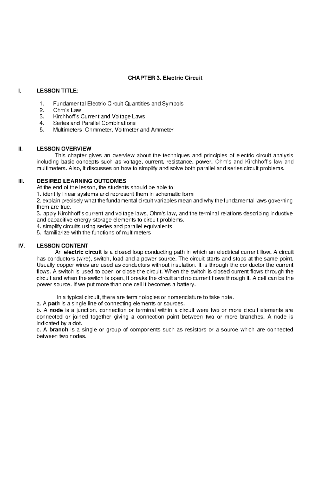 Electricity- Magnetism-03 - CHAPTER 3. Electric Circuit I. LESSON TITLE ...