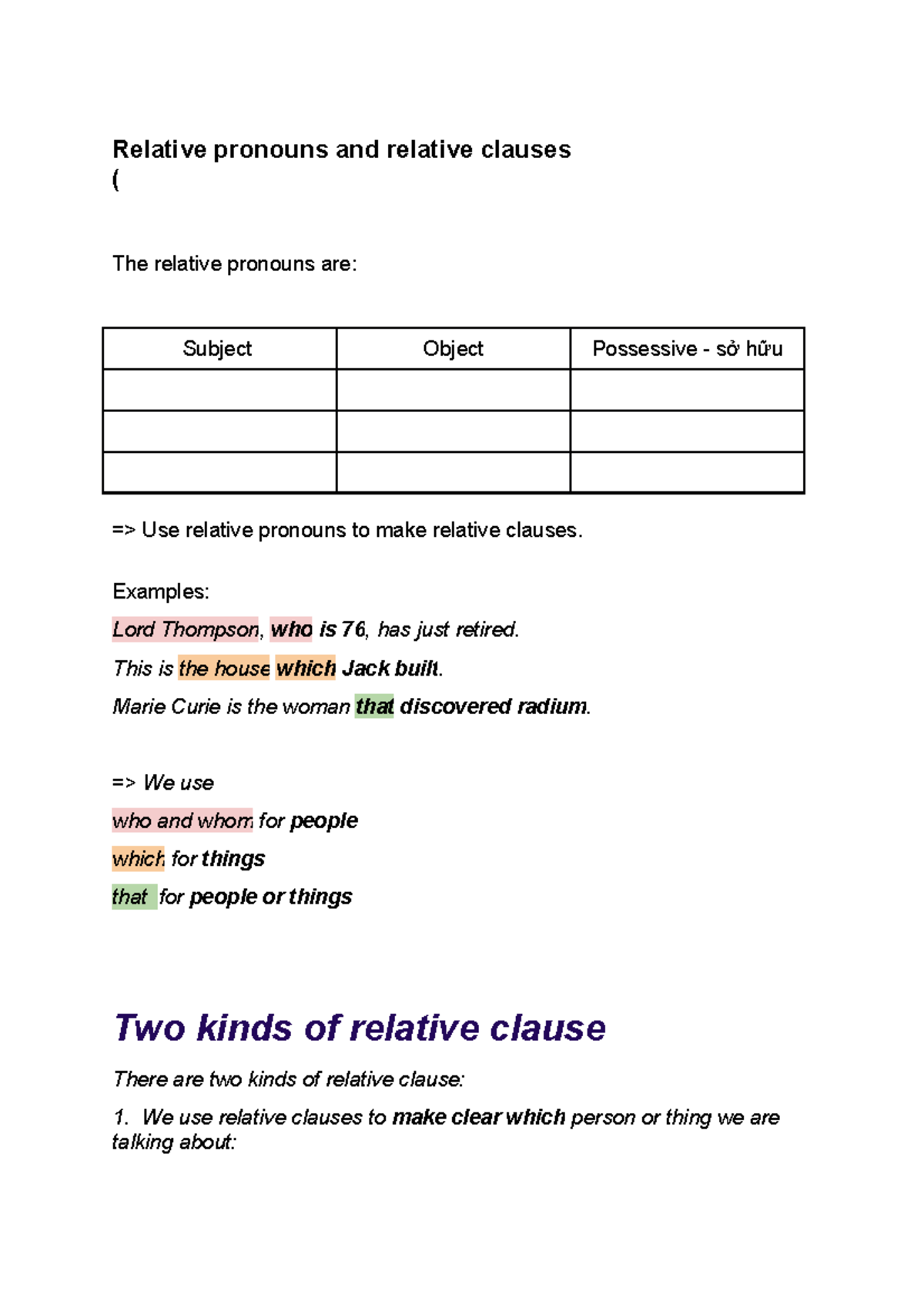 Relative pronouns and relative clauses - Examples: Lord Thompson, who ...