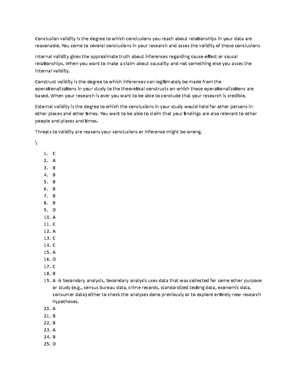 Notes BRM midterm - answers and explanations - Conclusion validity is ...