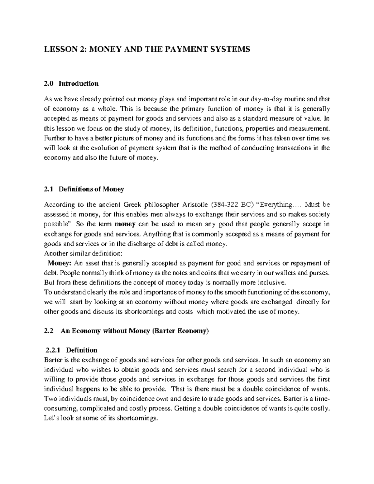 ECON 329 Lesson 2 Money AND Payment Systems - LESSON 2: MONEY AND THE ...