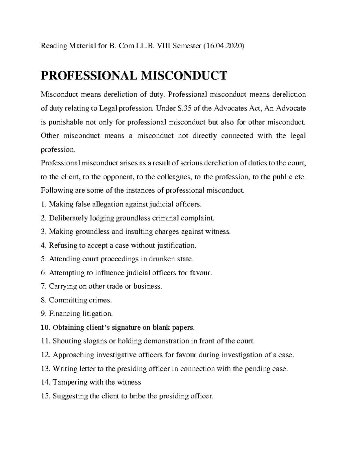 16.04.2020 Professional Misconduct - Reading Material for B. Com LL ...