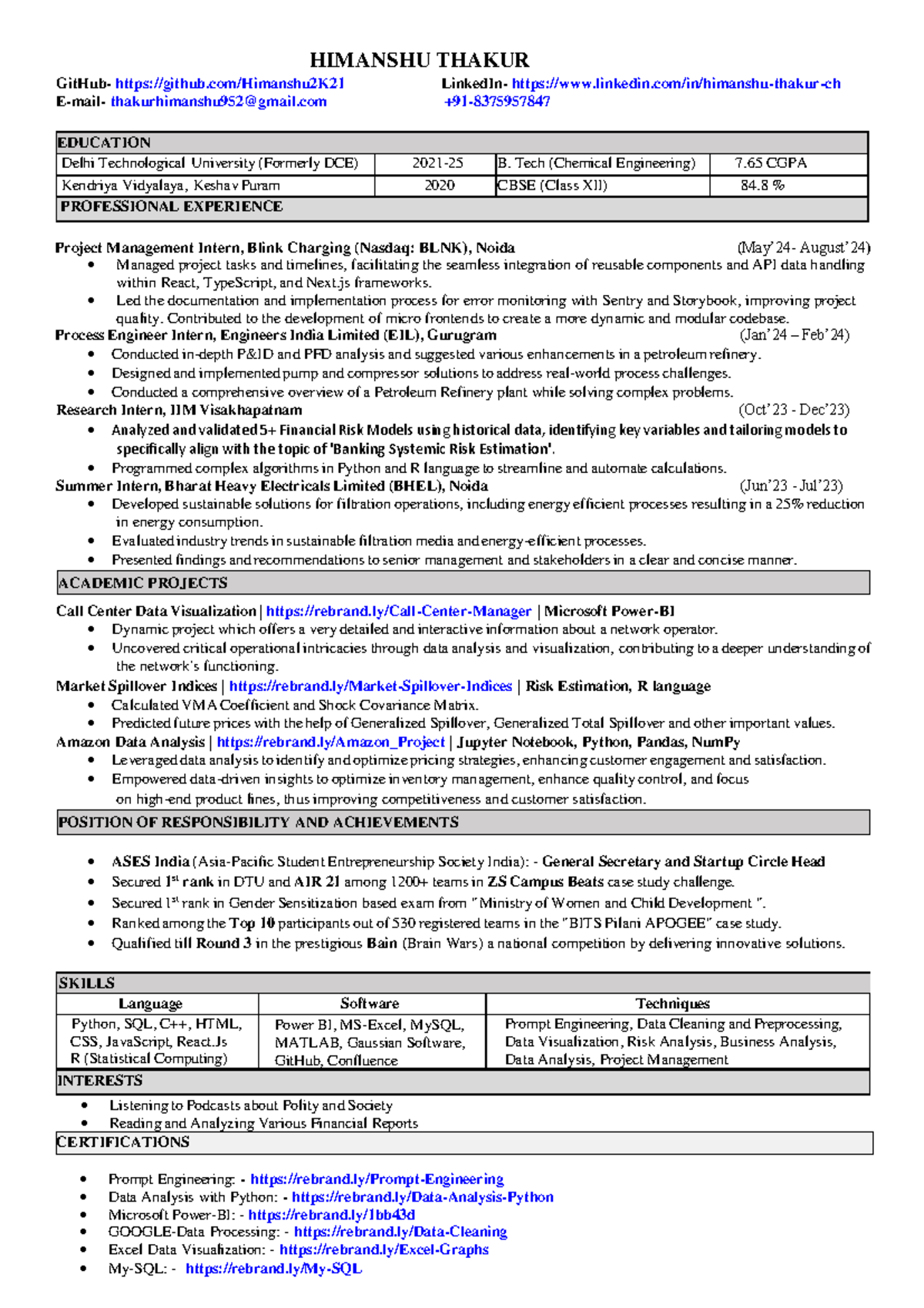 Resume Himanshu Thakur - HIMANSHU THAKUR GitHub- github/Himanshu2K21 LinkedIn- - Studocu