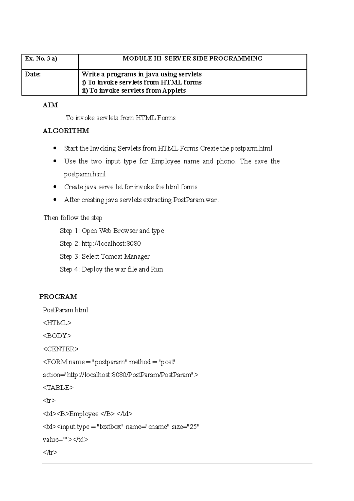 IP lab programs - Le be ne ke - Ex. No. 3 a) MODULE III SERVER SIDE PROGRAMMING Date: Write a ...