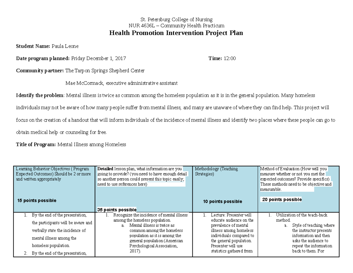 Health Promotion Project Example - PN 200 - Studocu