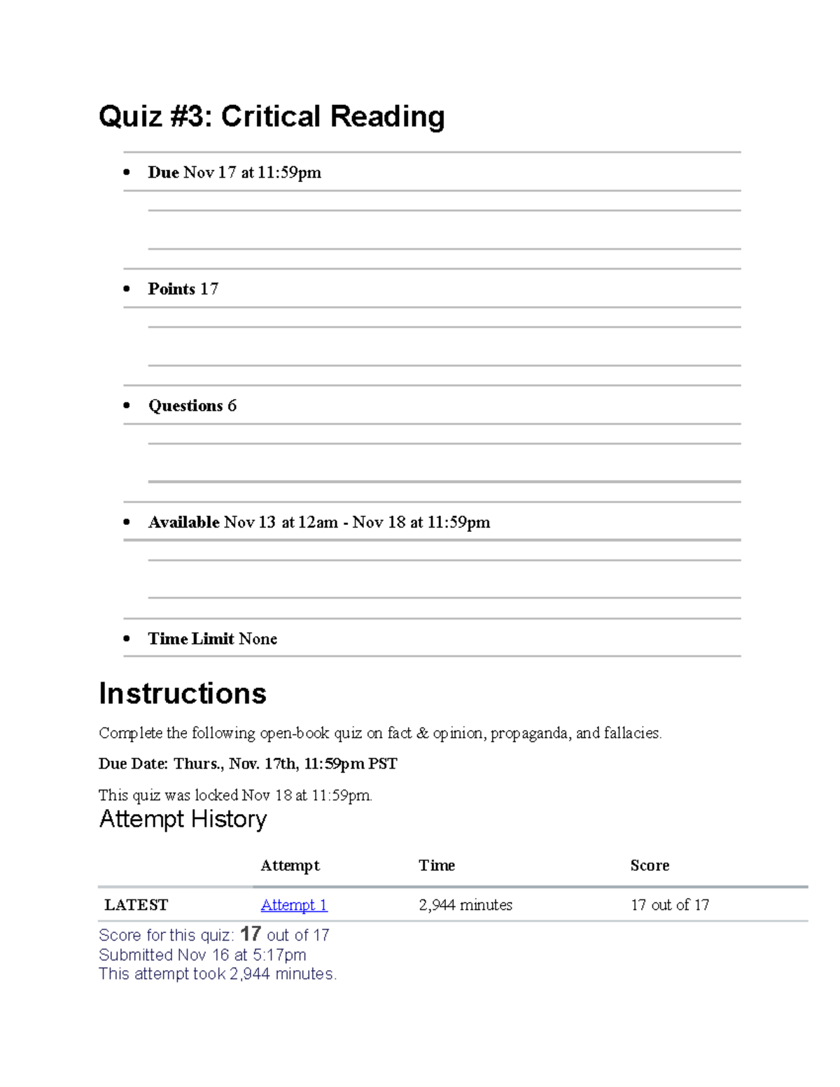 Quiz 3 Critical Reading - Quiz #3: Critical Reading Due Nov 17 at 11 ...