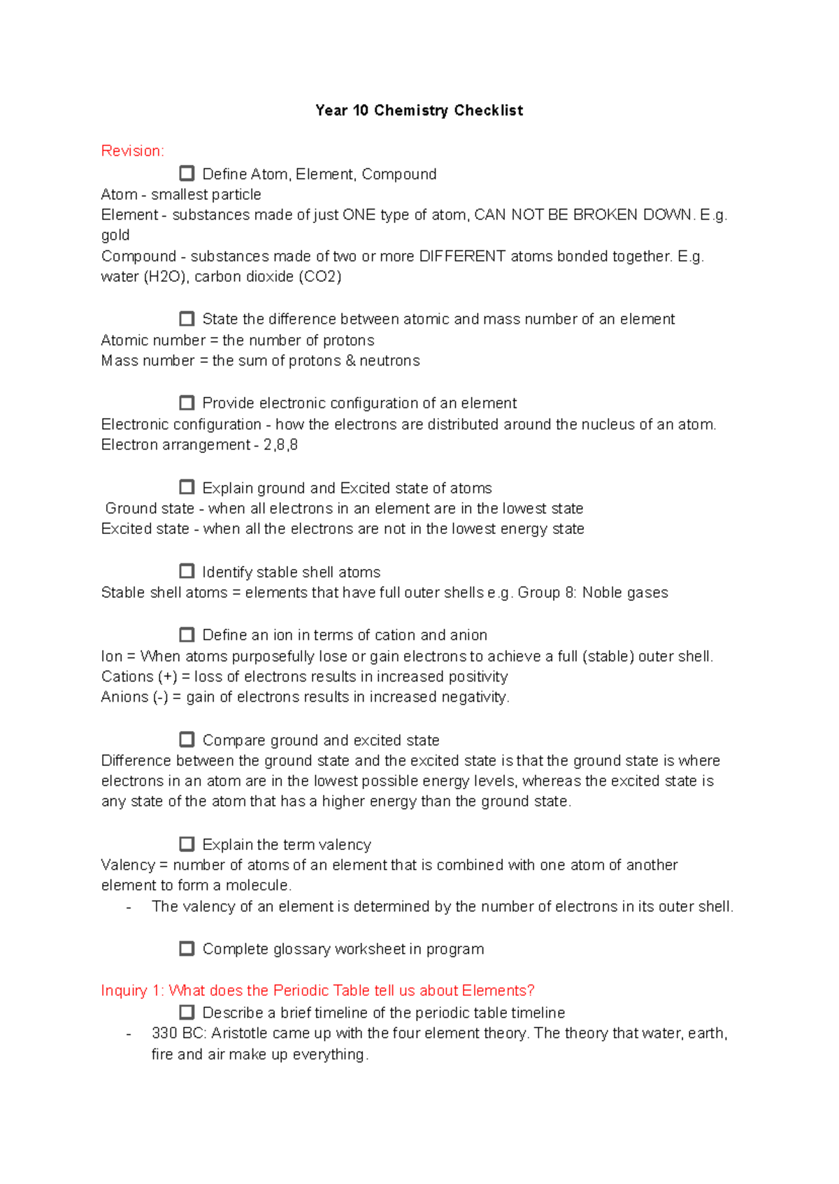Chemistry - Year 10 (Periodic Table, Elements, Compounds, Chemical ...