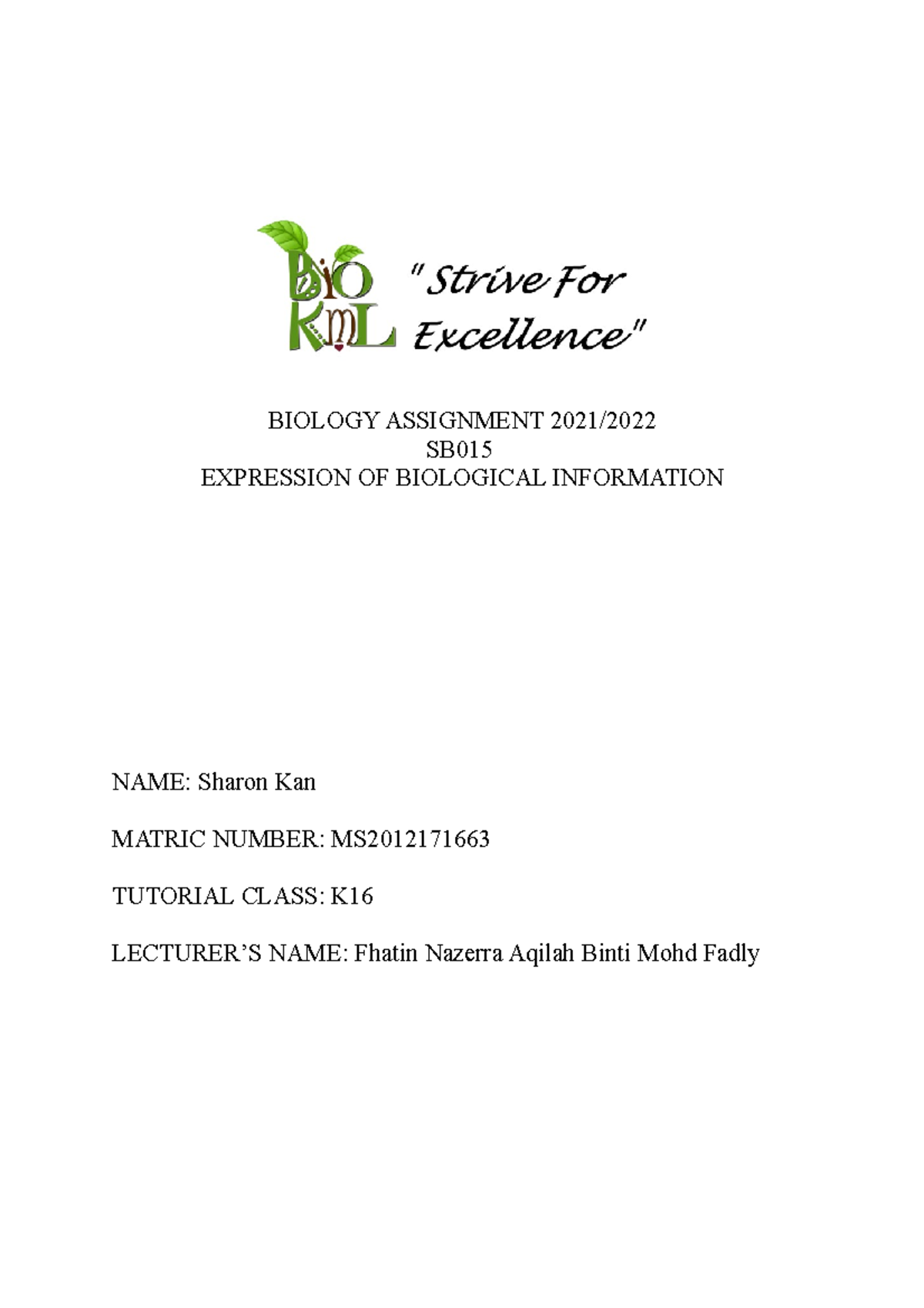 Biology Assignment - BIOLOGY ASSIGNMENT 2021/ SB EXPRESSION OF ...