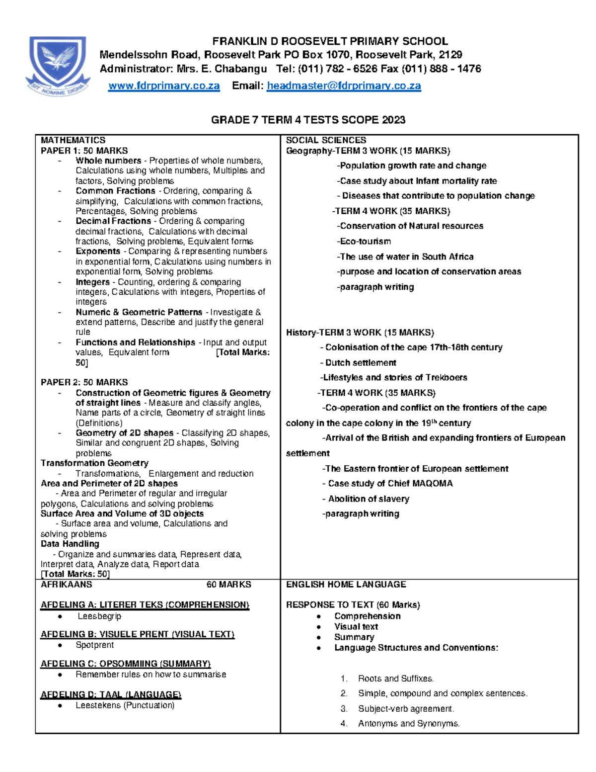 Grade 7 TERM 4 Tests EXAM Scopes - FRANKLIN D ROOSEVELT PRIMARY SCHOOL ...