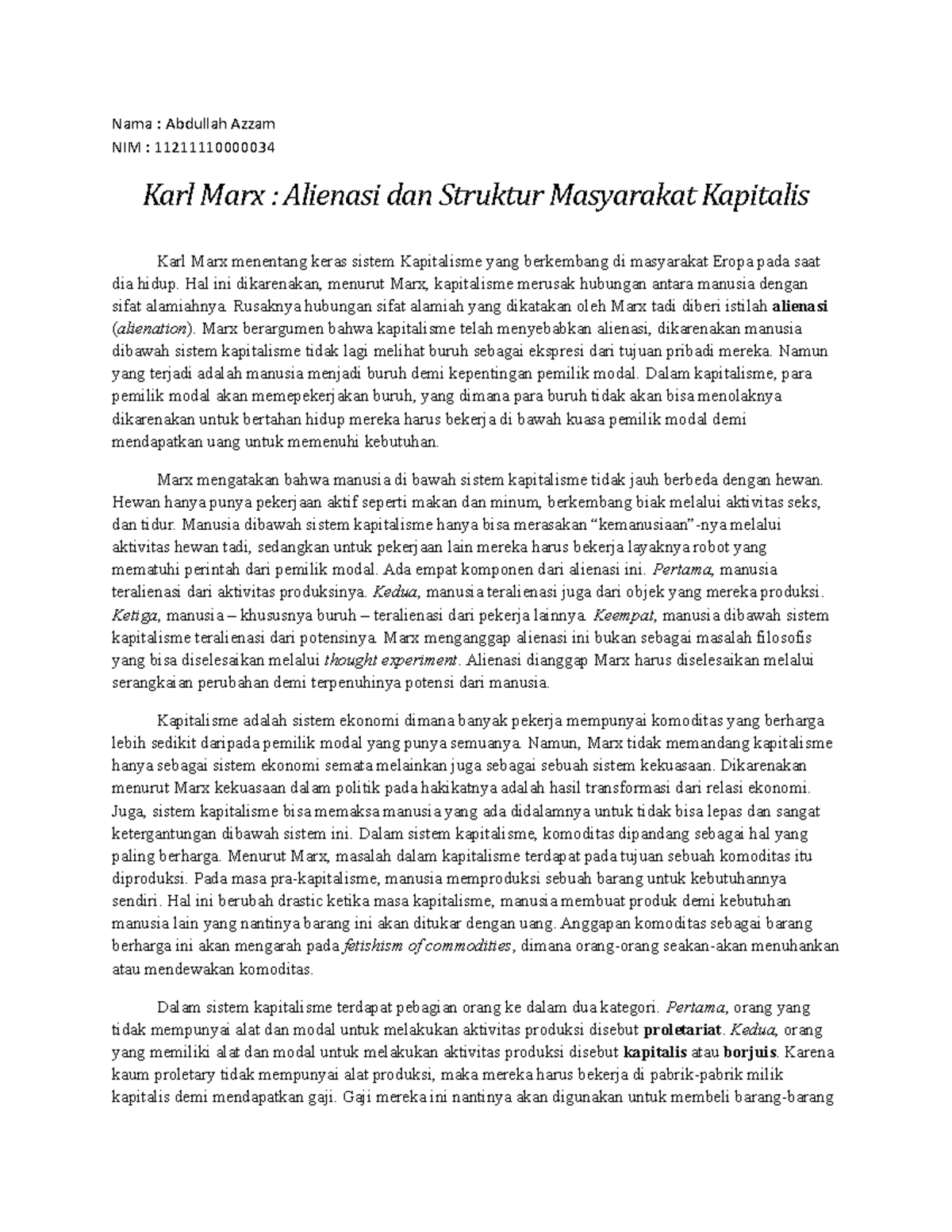 Karl Marx Alienasi dan Struktur Masyarakat Kapitalis - Nama : Abdullah ...