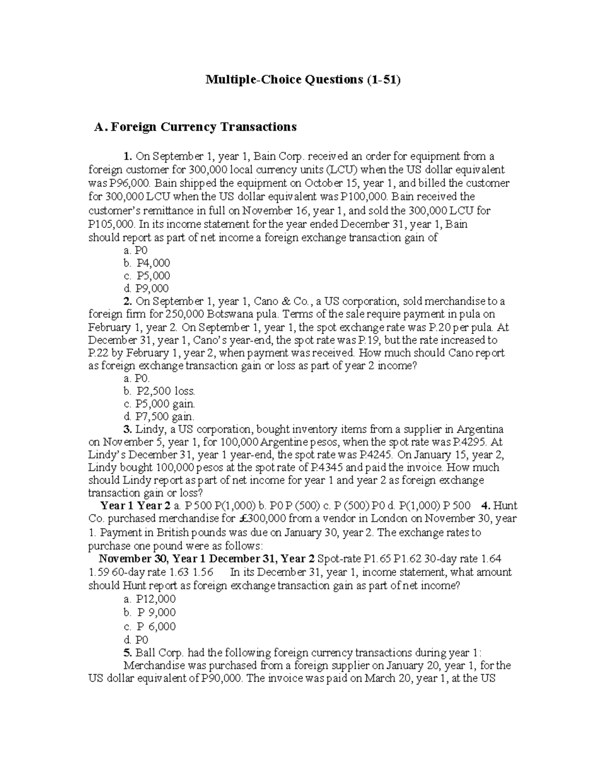 Test Bank -Foreign Currency and Hedging - Multiple-Choice Questions (1 ...