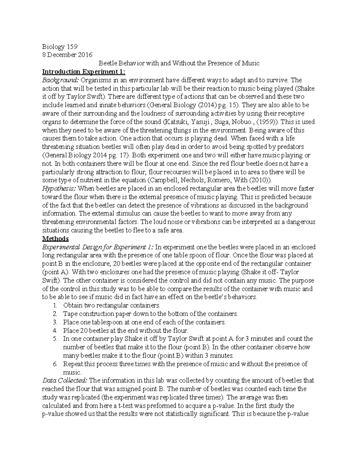 Beetle Lab Report - anwesha dasgupta - Biology 159 8 December 2016 ...