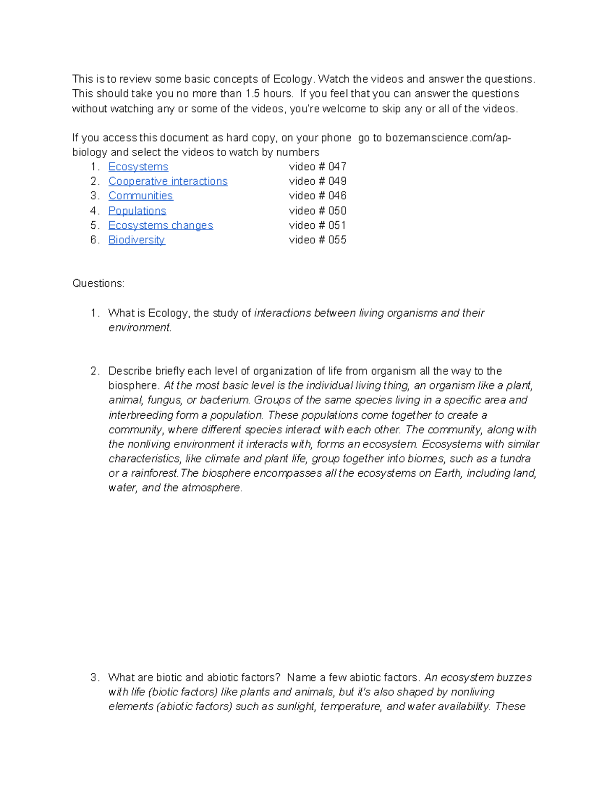 Ecology Part 1 - homework - This is to review some basic concepts of ...