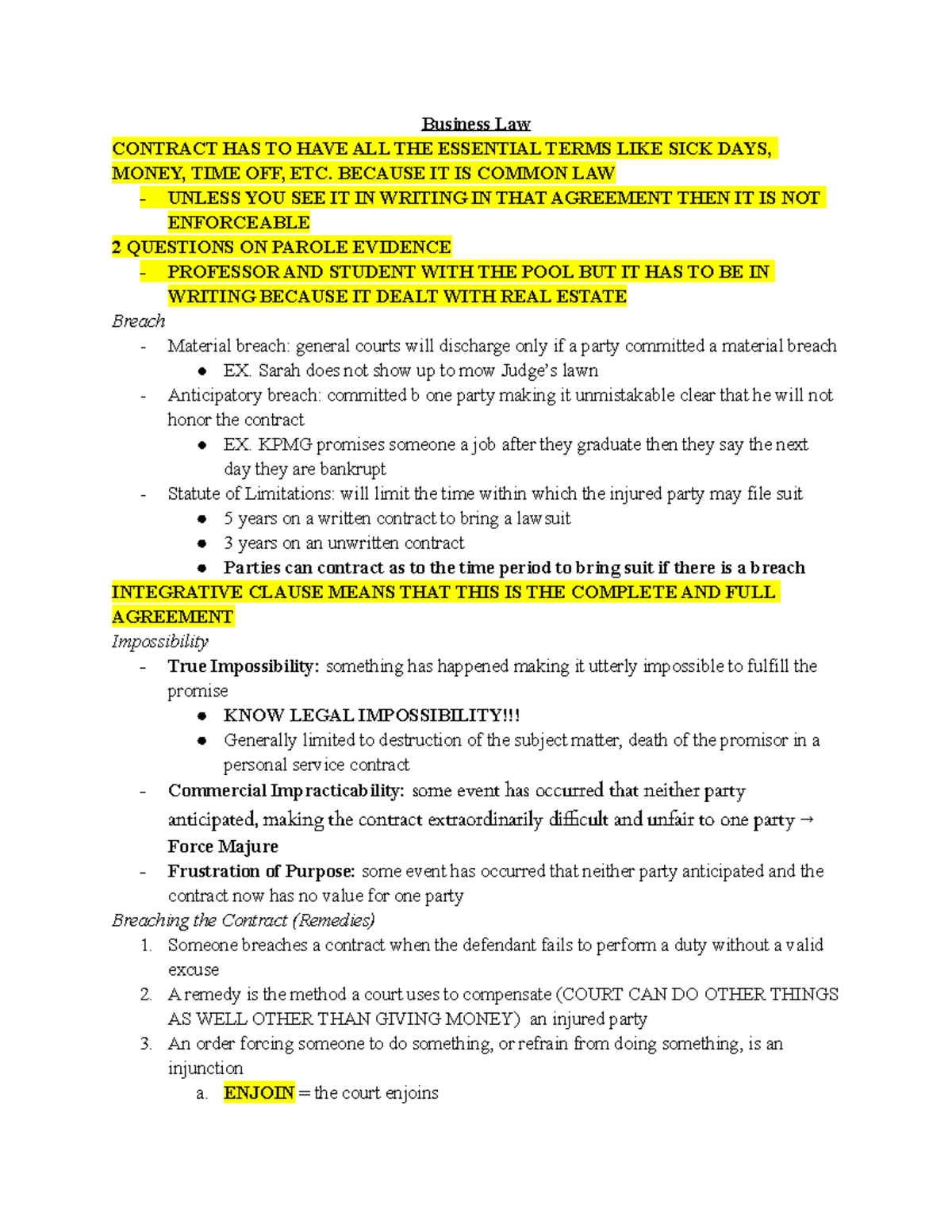 Breach of Contract - Business Law CONTRACT HAS TO HAVE ALL THE ...