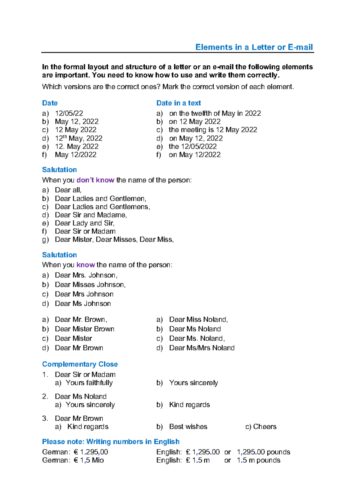 Elements in Letter or E-Mail - Elements in a Letter or E-mail In the ...