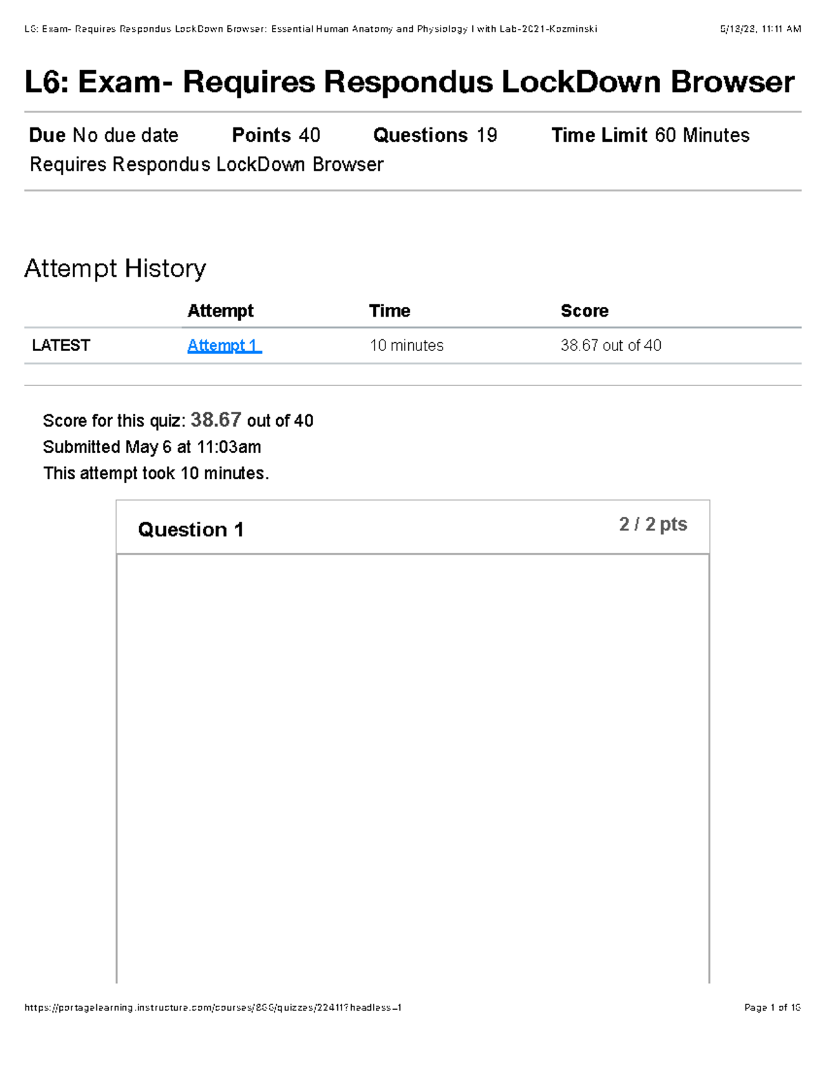 L6 Exam Requires Respondus Lock Down Browser Essential Human Anatomy and Physiology I with Lab ...