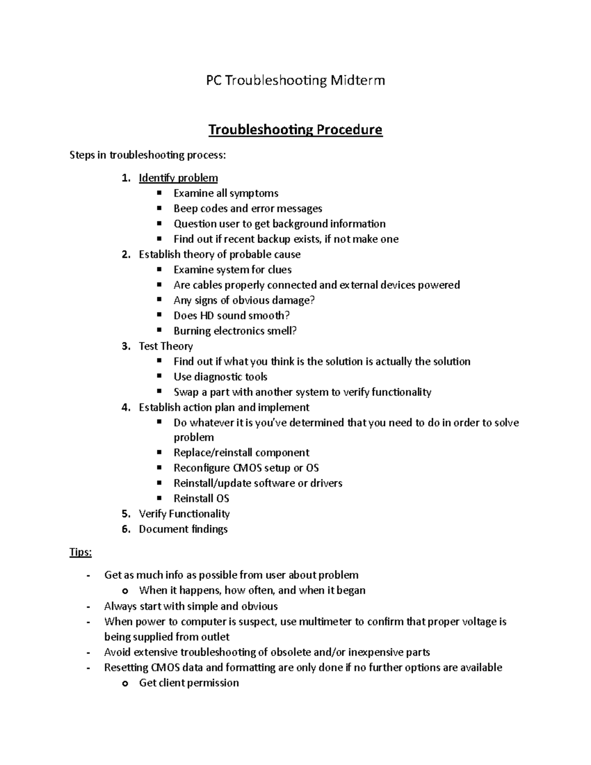 PC Troubleshooting Midterm Review - PC Troubleshooting Midterm Troubleshooting Procedure Steps ...