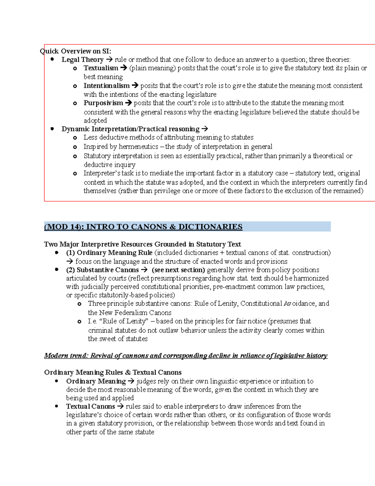 Legislation Law Outline - 3 - (MOD 14): INTRO TO CANONS & DICTIONARIES ...