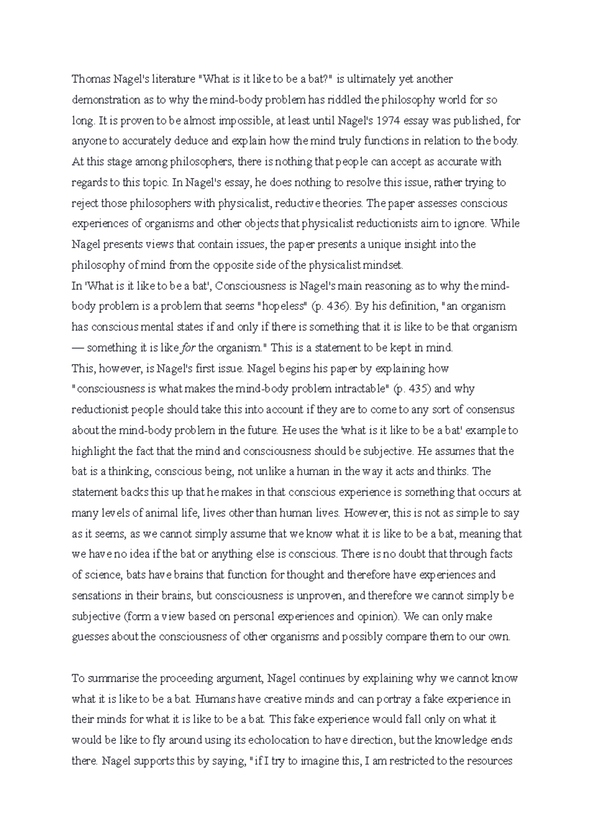 Nagel analysis - Assignment - Thomas Nagel's literature "What is it ...