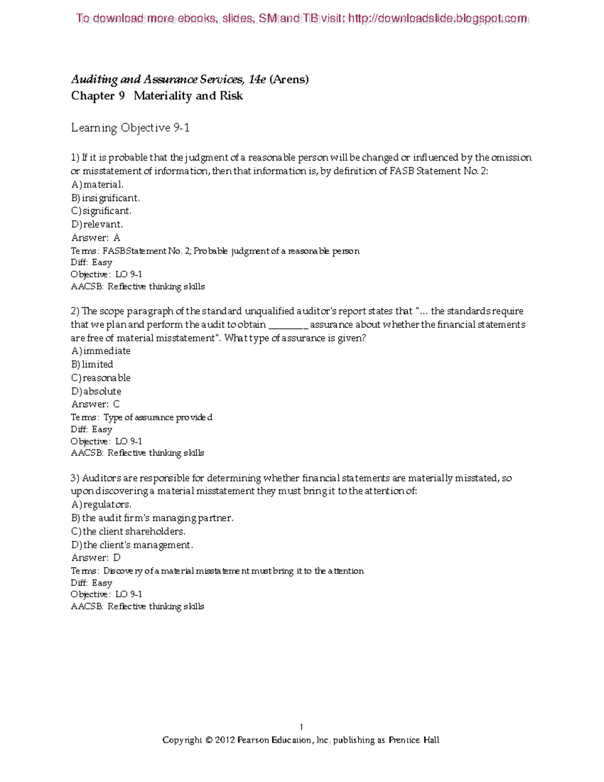 Chapter 9 - testbank - 1 Auditing and Assurance Services, 14e (Arens ...