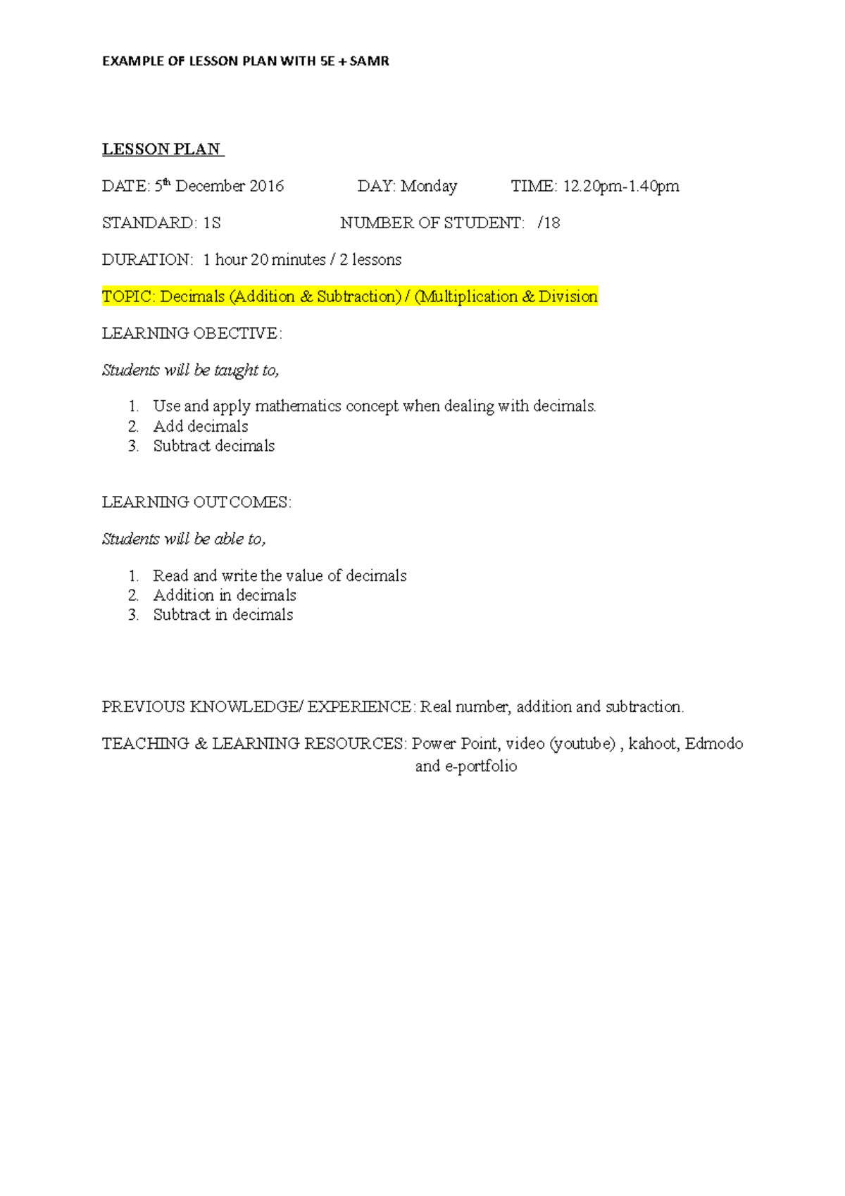 L5 Tutorial - SAMR Lesson PLAN Example - LESSON PLAN DATE: 5th December ...