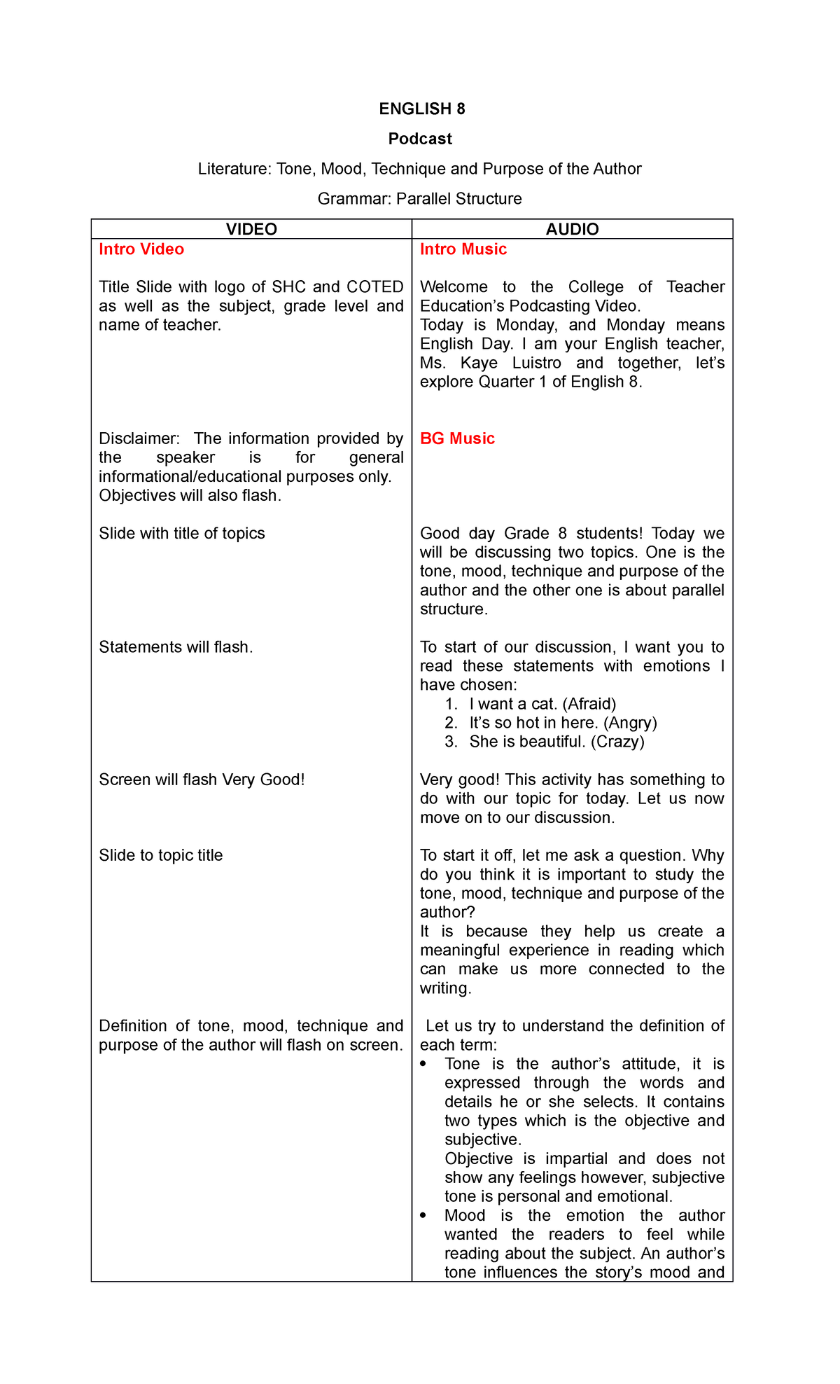 Podcast Script - ENGLISH 8 Podcast Literature: Tone, Mood, Technique ...