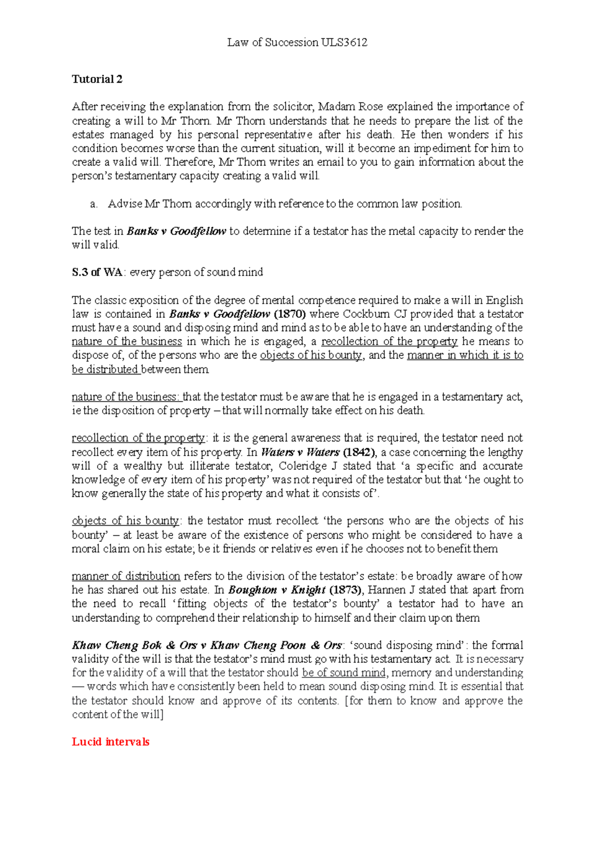 Tutorial 2 Testamentary Capacity - Law of Succession ULS Tutorial 2 ...