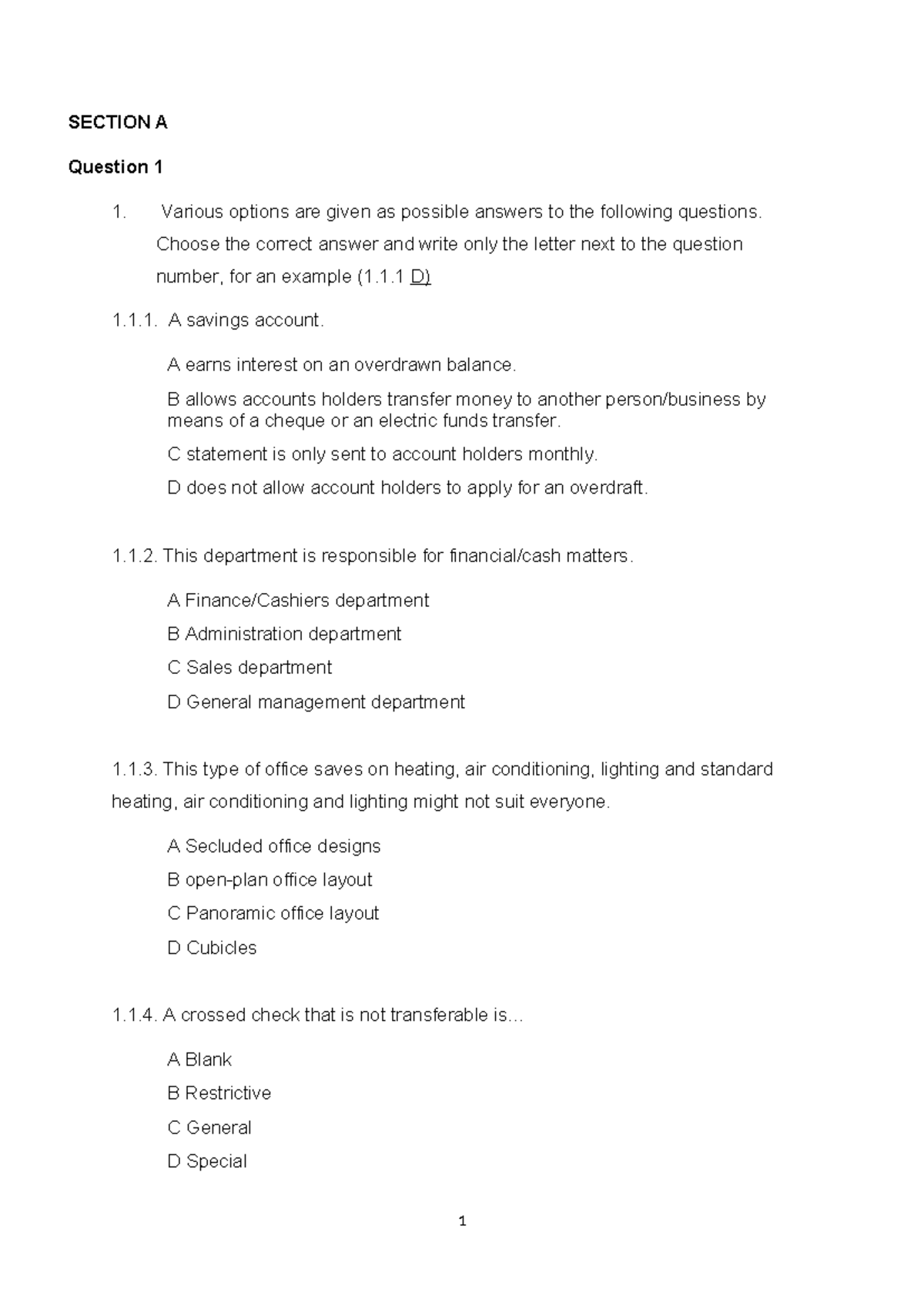 N5 Assignment 1 Section A 2021 - SECTION A Question 1 1. Various options are given as possible ...