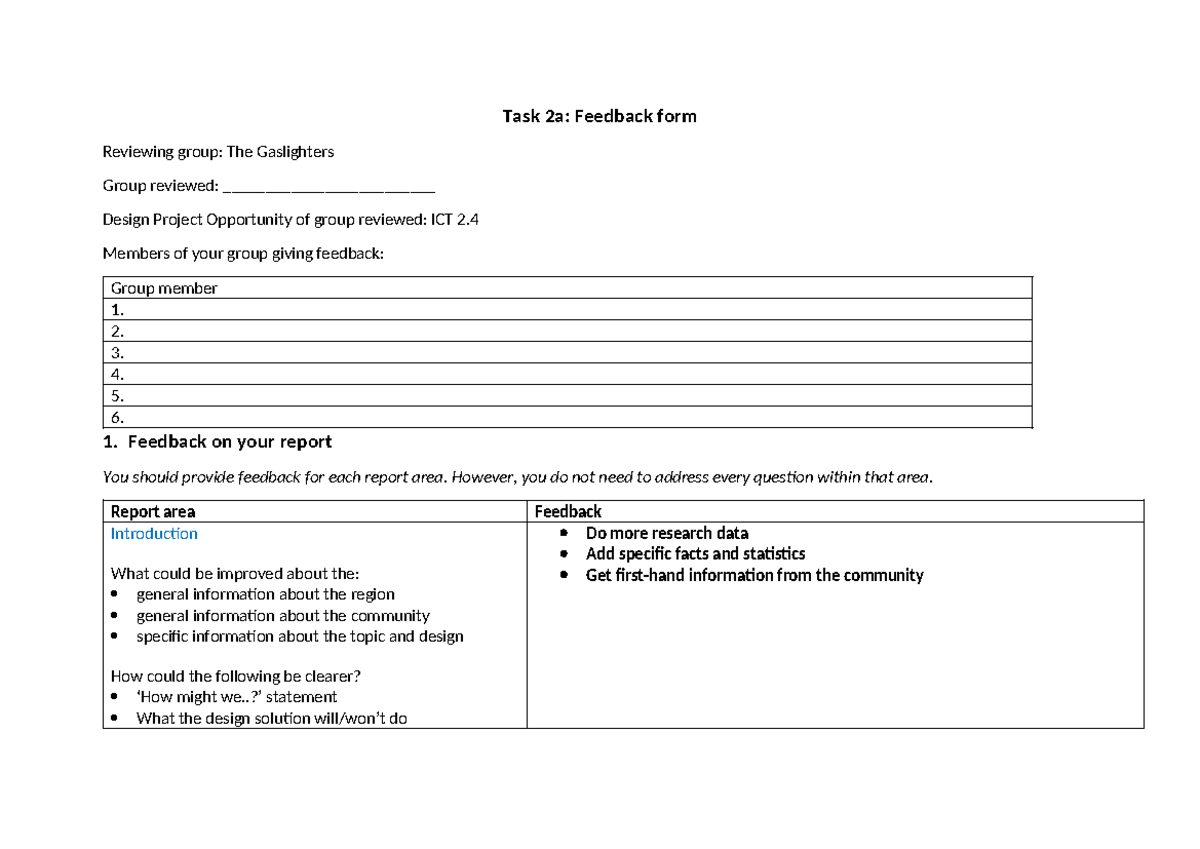 Task 2a. Feedback form - Task 2a: Feedback form Reviewing group: The ...