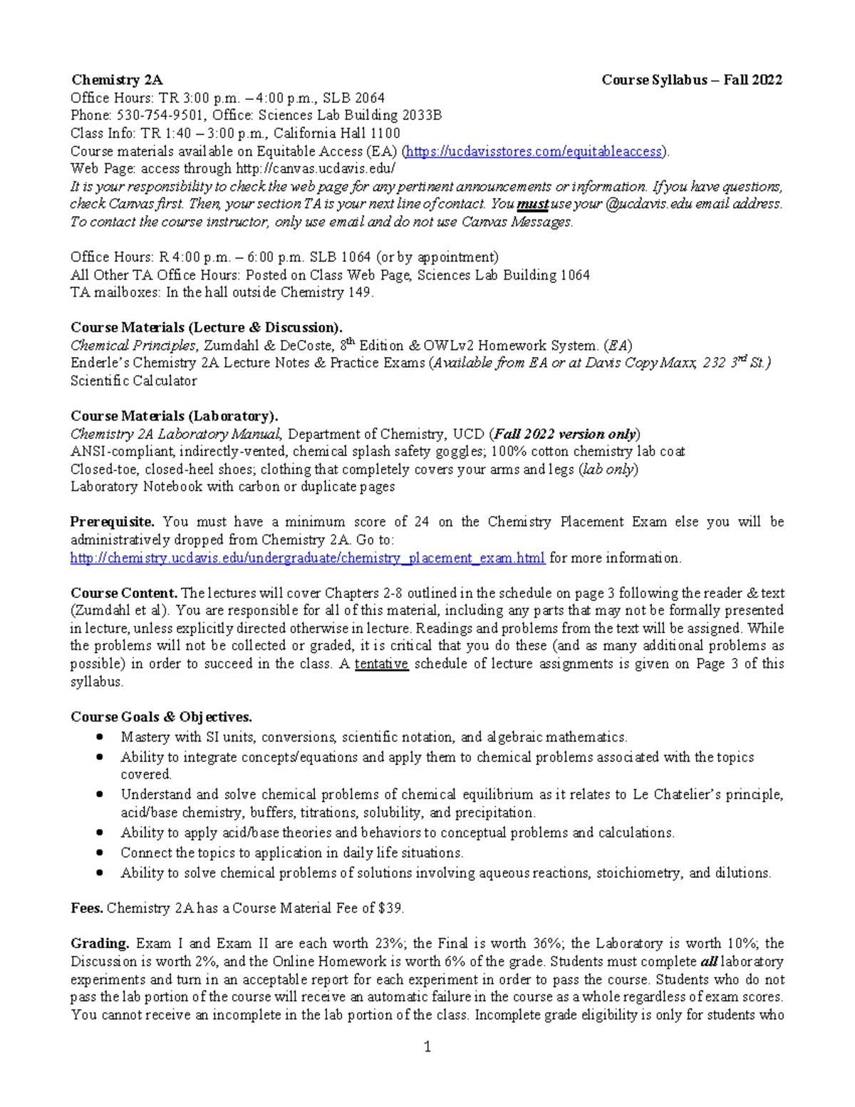 CHE 2A Syllabus F22 - Chemistry 2A Course Syllabus – Fall 2022 Office ...