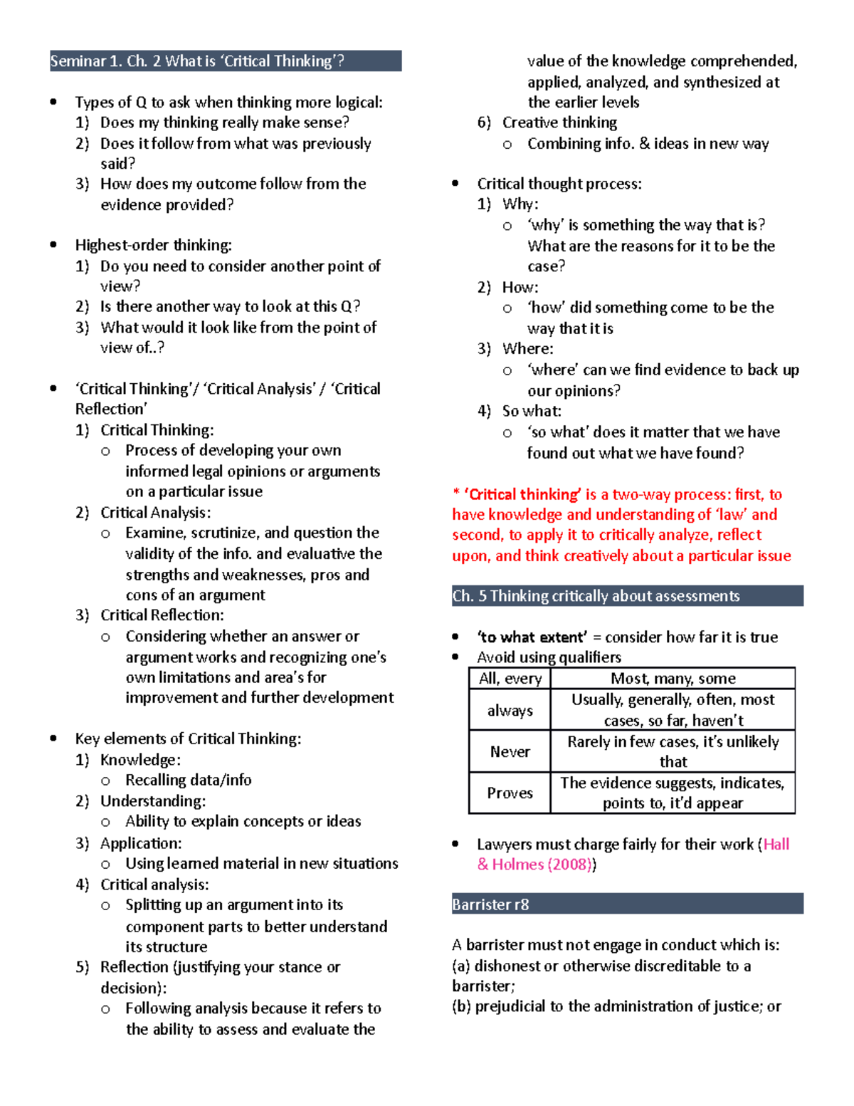 Notes LP - Seminar 1. Ch. 2 What is ‘Critical Thinking’? Types of Q to ...