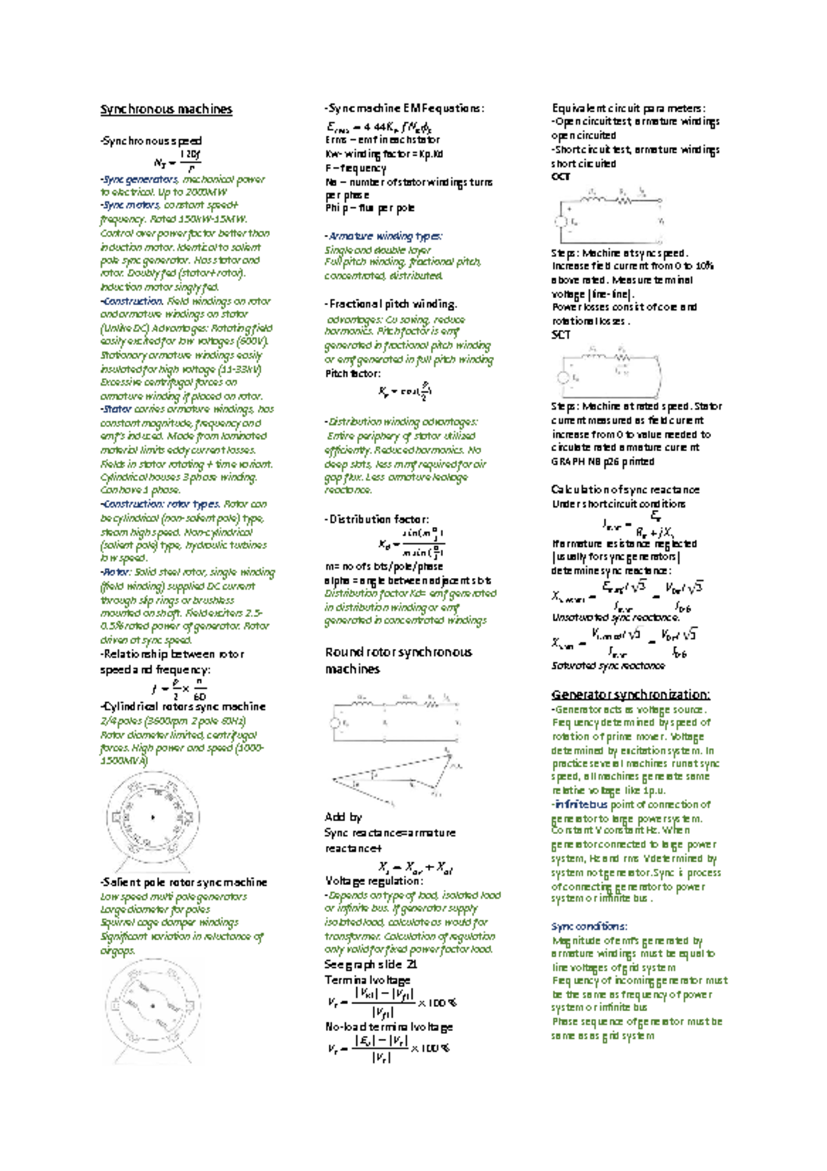 Semester test 2 summary - Synchronous machines Synchronous speed Sync ...