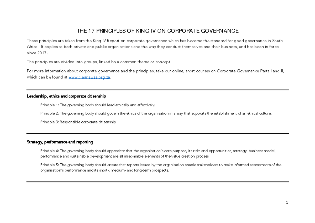 THE 17 Principles OF KING IV ON Corporate Governance - 1 THE 17 ...