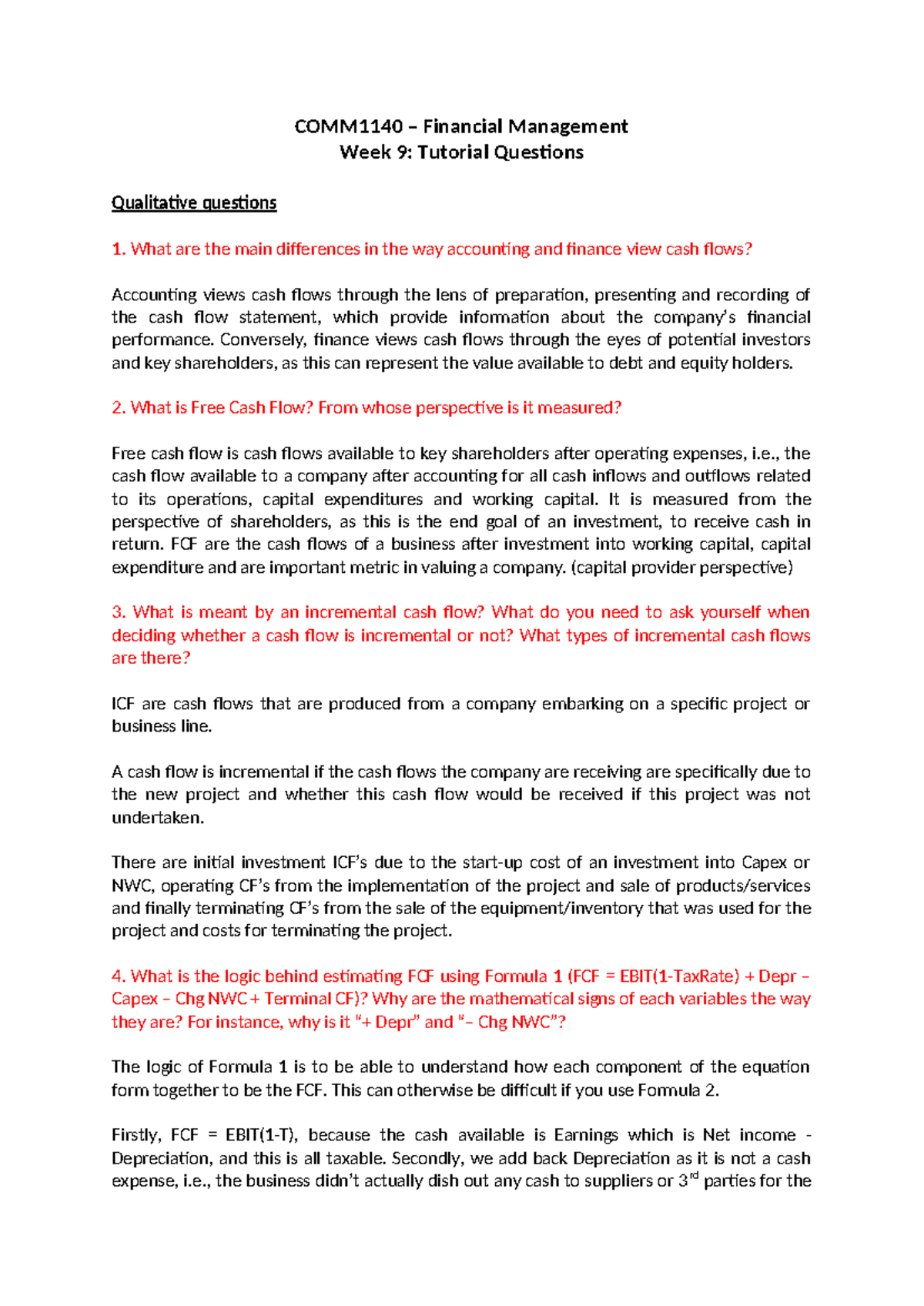 Week 9 COMM1140 Homework - COMM1140 – Financial Management Week 9: Tutorial Questions ...