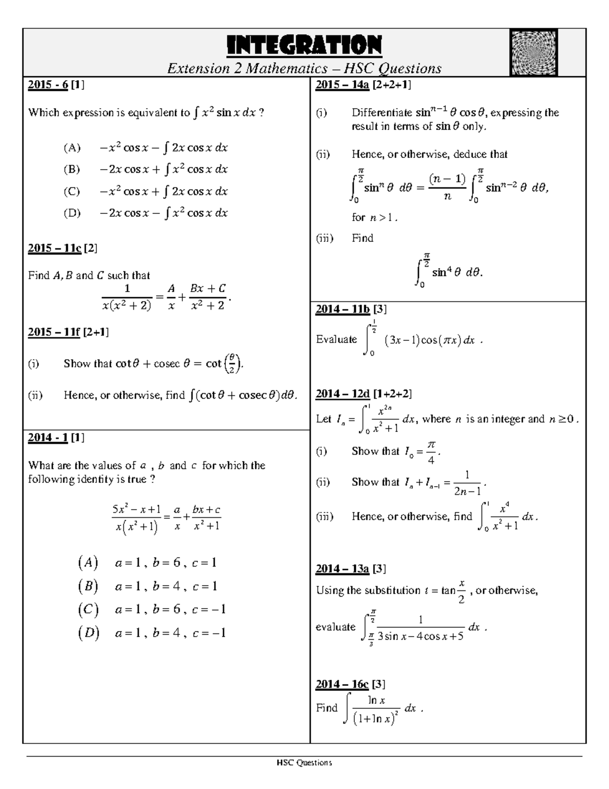 HSC 4U Maths - Integration - Integration Extension 2 Mathematics – HSC ...