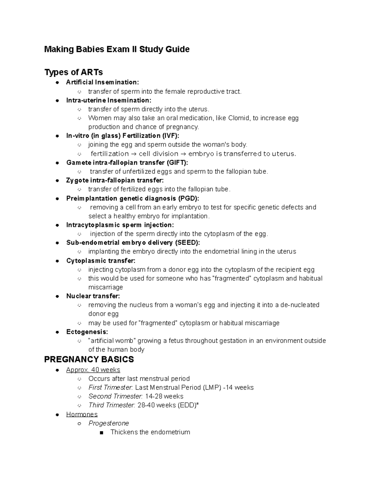 Making Babies Study Guide - Making Babies Exam II Study Guide Types of ...