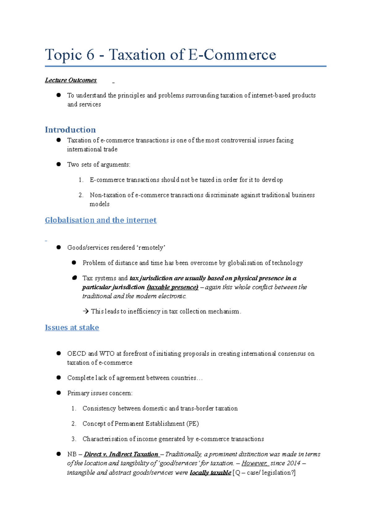 Topic 6 - Taxation of E-commerce - Topic 6 - Taxation of E-Commerce Lecture Outcomes To ...